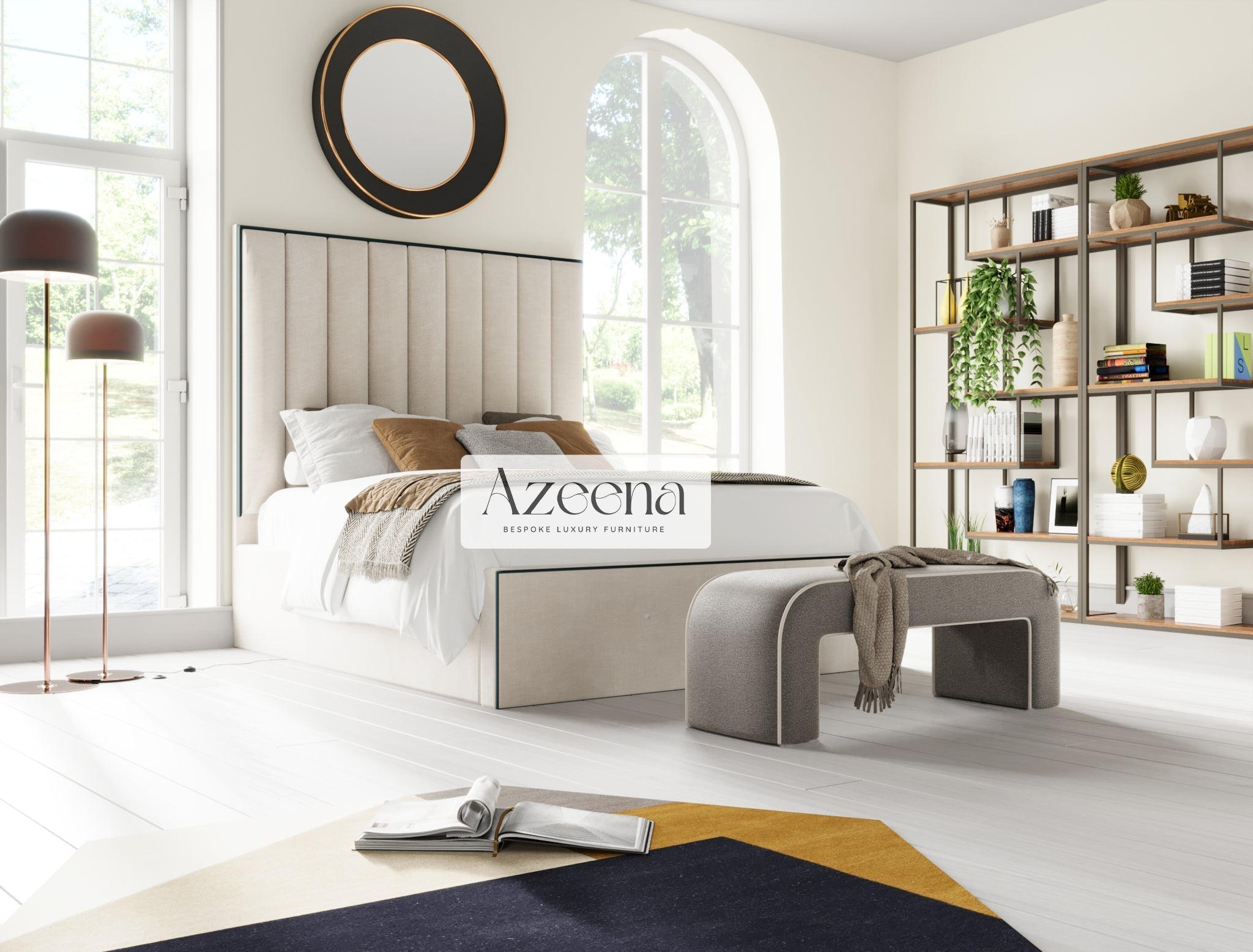 Jade Stripe Line Fabric Piping Tall Upholstered Bed With Optional Stor ...