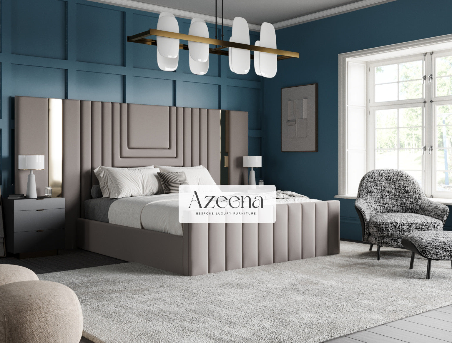 Saffron Extended Wide Headboard Stripes Lines Panel Chrome Gold Bed Wi ...